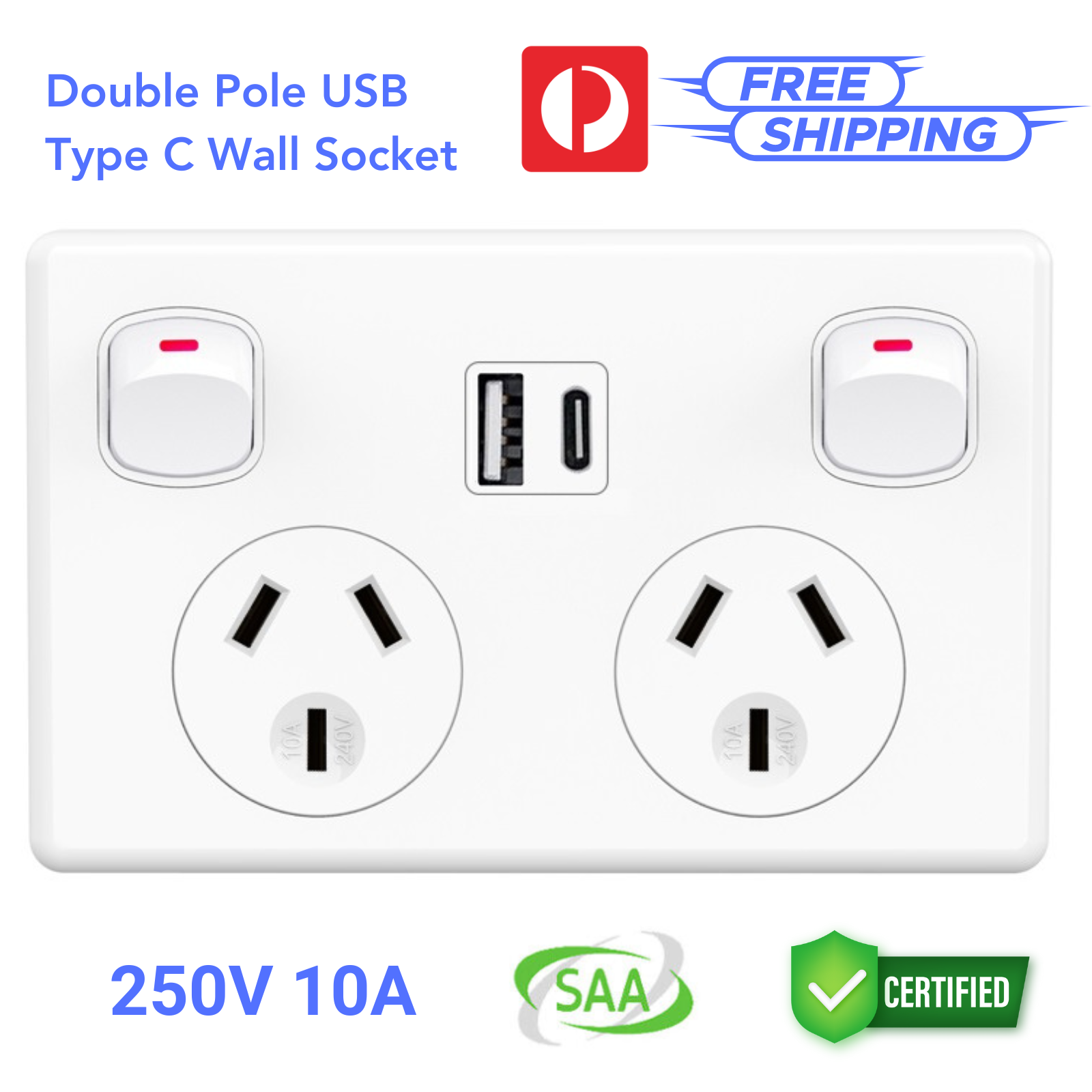 Double Pole, Double Power Point GPO Wall Outlet 10A with USB A & C Typ ...