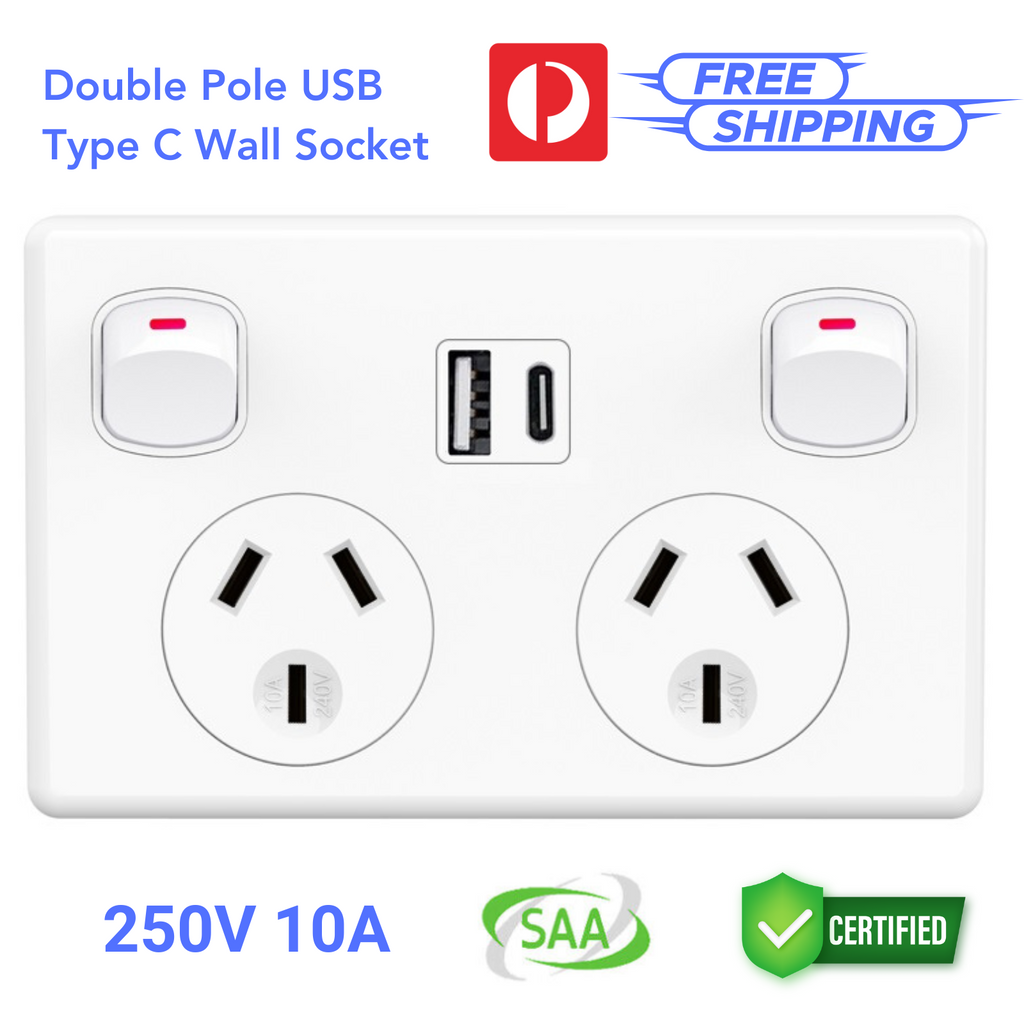 Double Pole, Double Power Point GPO Wall Outlet 10A with USB A & C Typ ...
